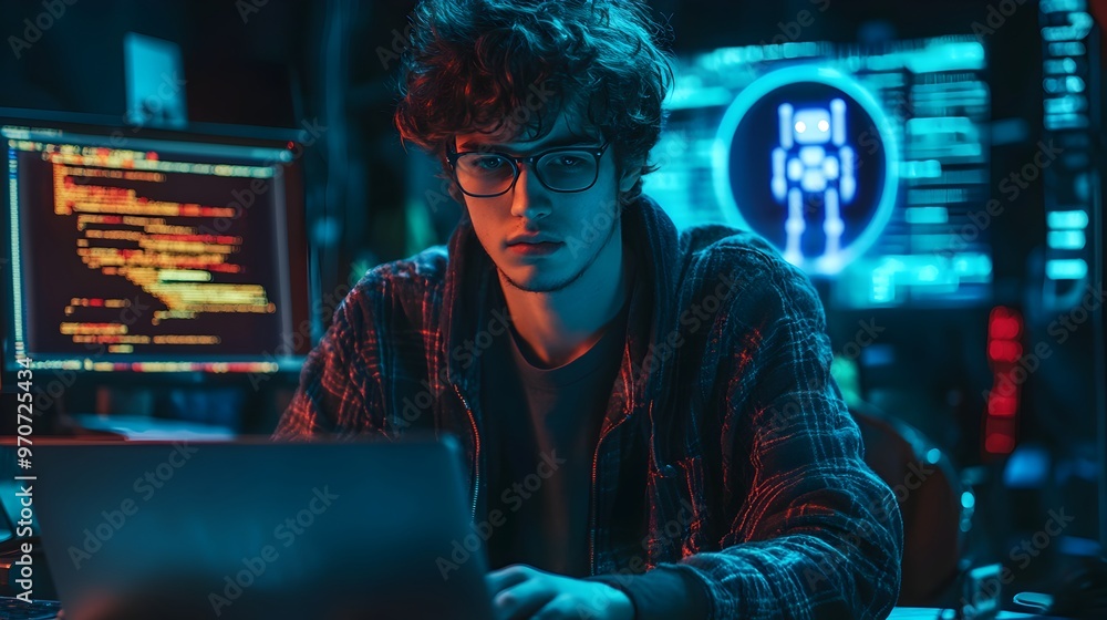 Young male programmer or developer working late at night in a dark ...