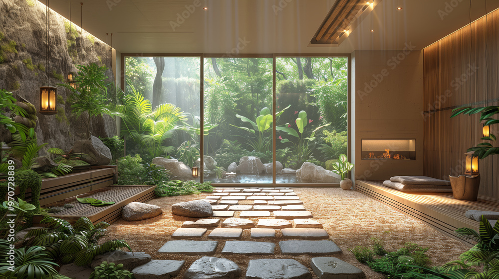 Zen Indoor Spa with Greenery and Natural Light. Luxurious zen-inspired ...