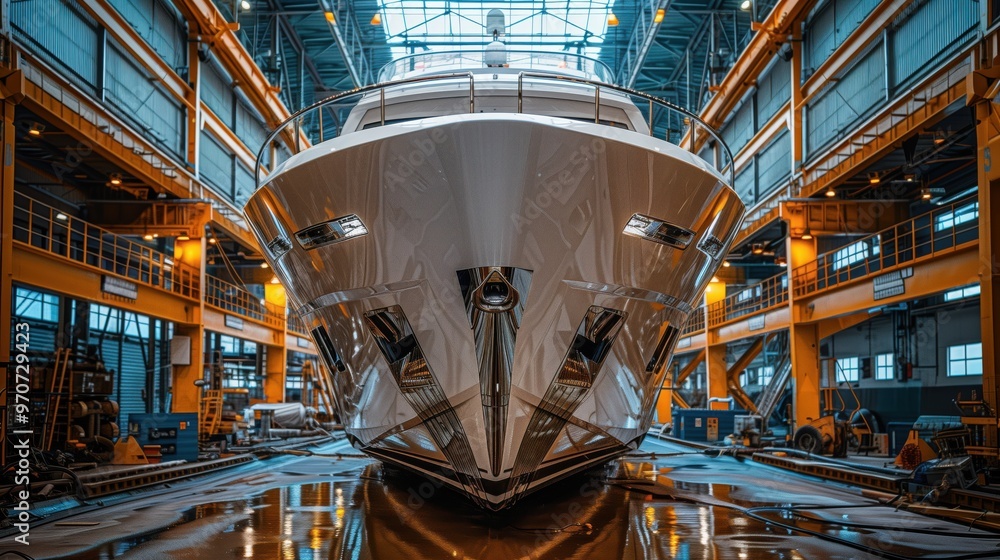 Luxury Yacht in Shipyard During Construction. Close-up shot of the ...