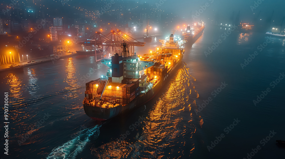 Cargo Ship Unloading Containers at Night Port. Brightly lit cargo ship ...