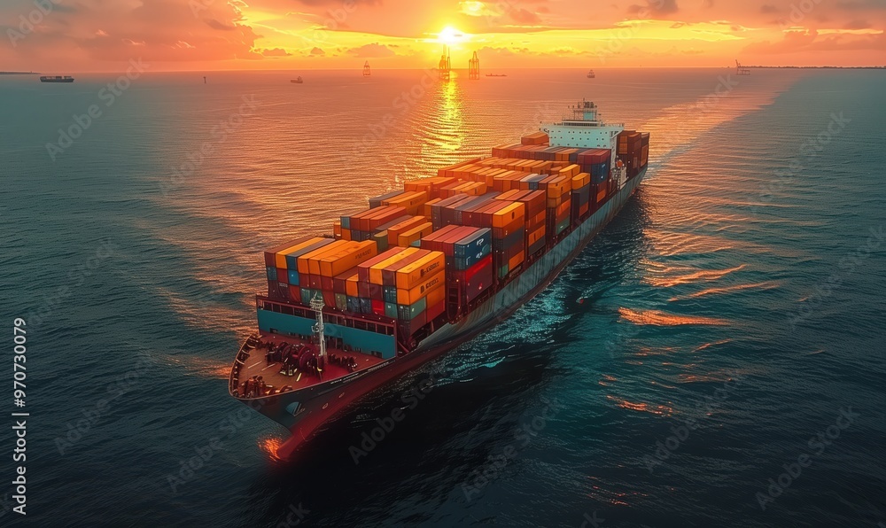 Container Ship Sailing at Sunset Towards Open Sea. Cargo ship sails ...