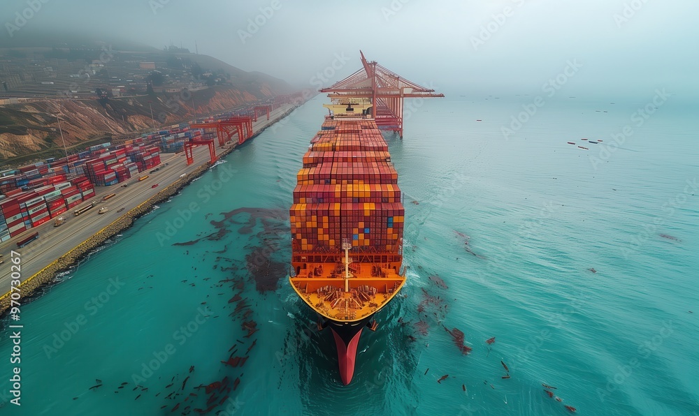 Massive Cargo Ship Docked at Container Port. Large cargo ship loaded ...