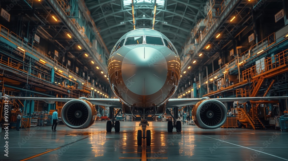Commercial Jet in Final Stages of Assembly. Commercial jet positioned ...