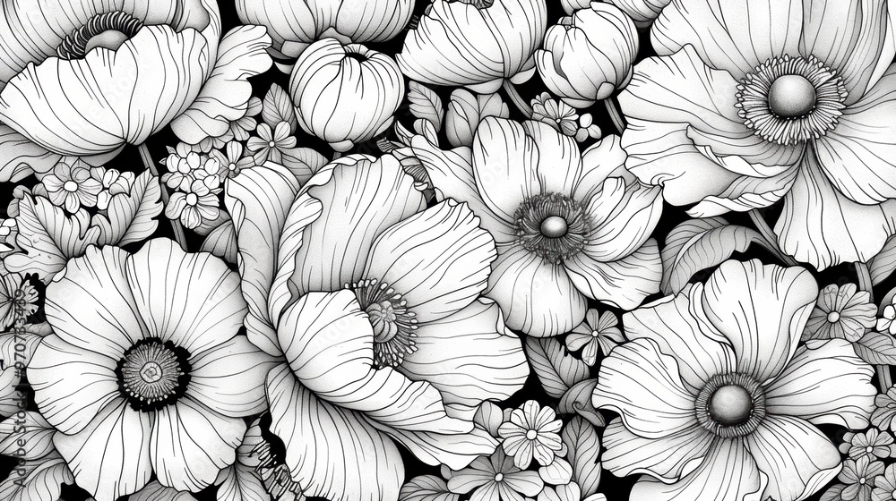 Poster A coloring book page filled with repetitive floral patterns ...