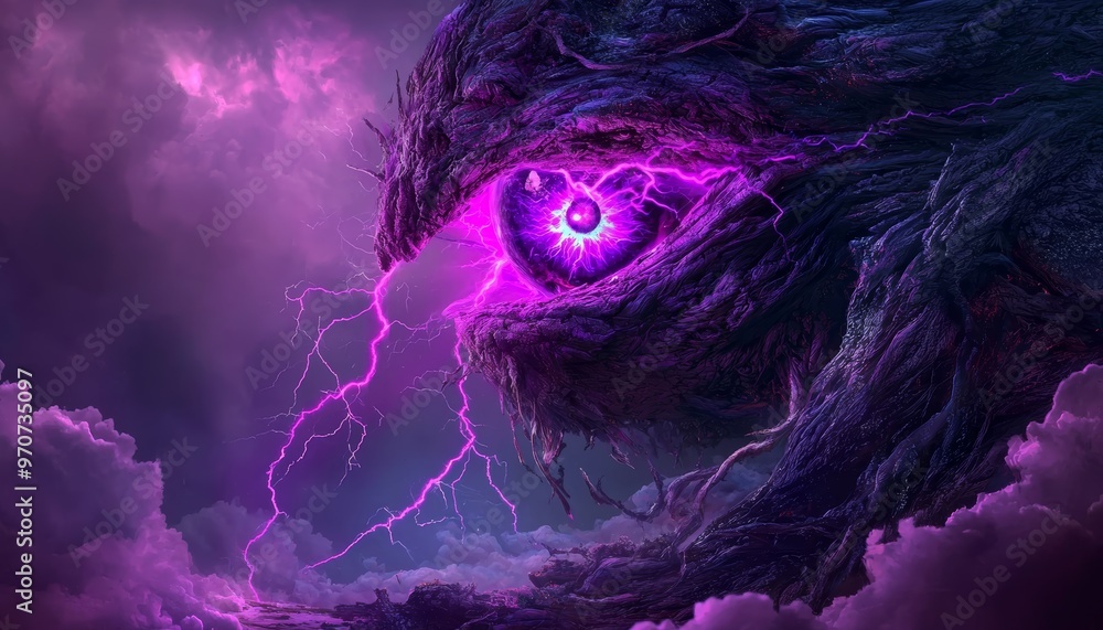 Describe how the use of purple lightning and glowing eyes in the image ...