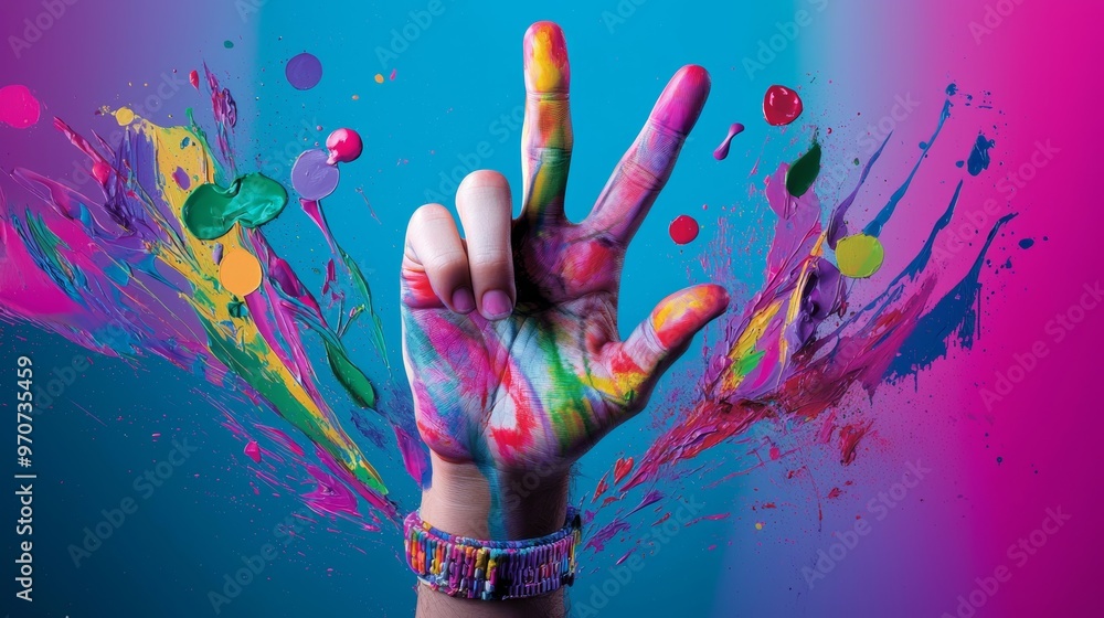 Explain how the hand gesture, combined with abstract design elements ...