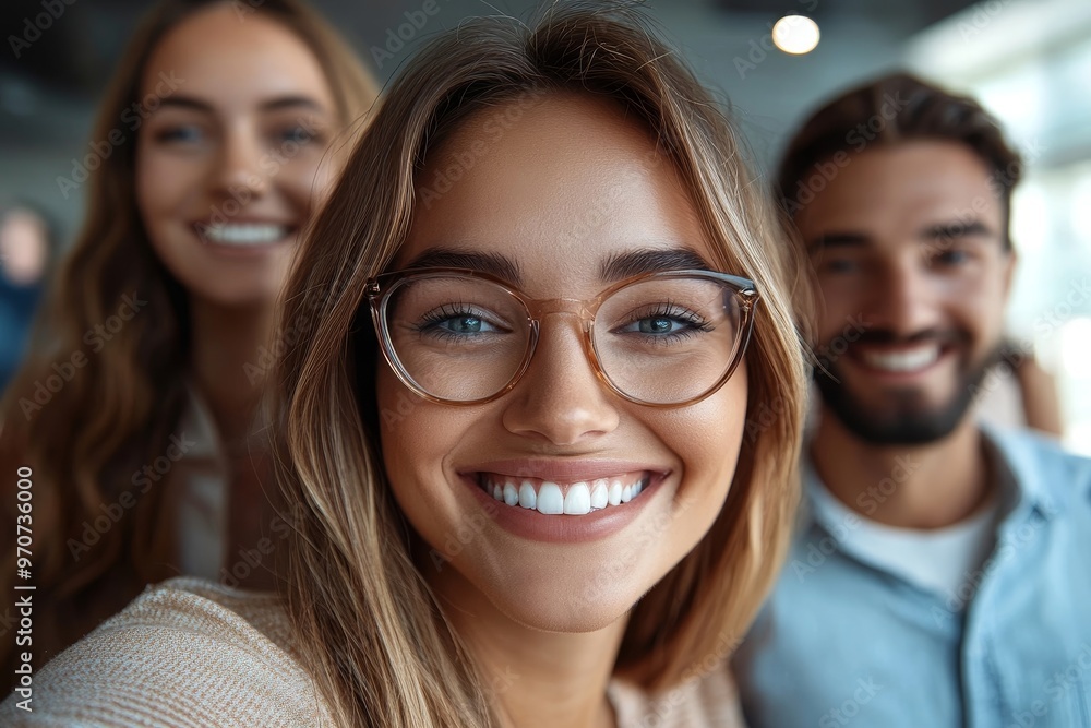 Portrait, selfie and team of business people smile in office for global staff collaboration ...