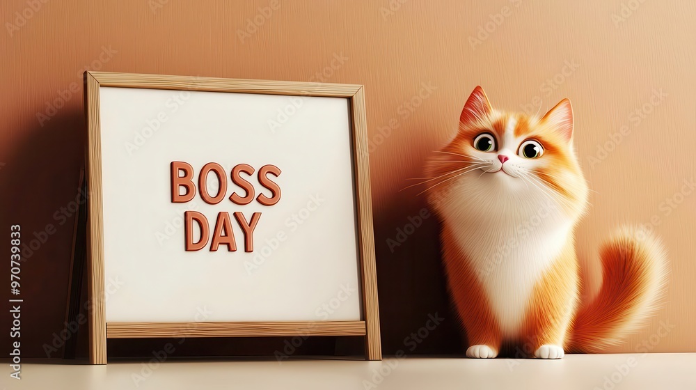 Cat boss standing by an office whiteboard with Happy Boss Day text, 3D ...