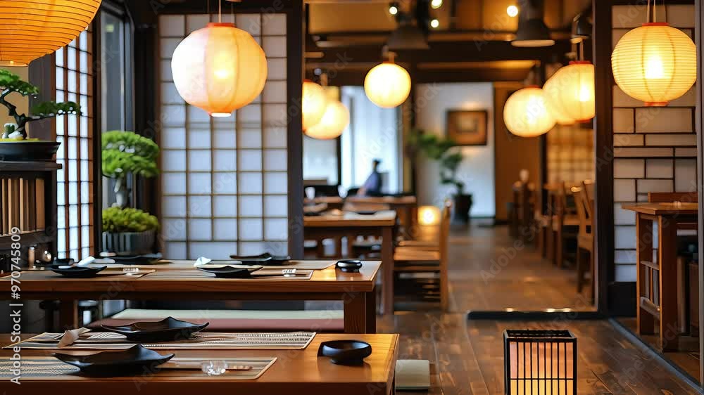 Serene traditional Japanese restaurant with tatami mats and shoji doors ...