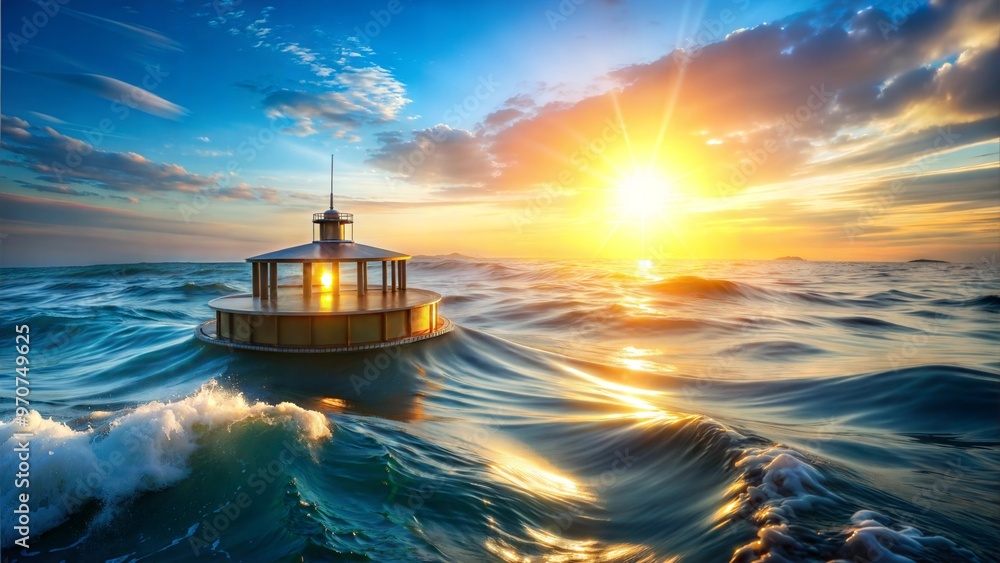 Wave energy converter floating in the ocean at sunset, symbolizing ...