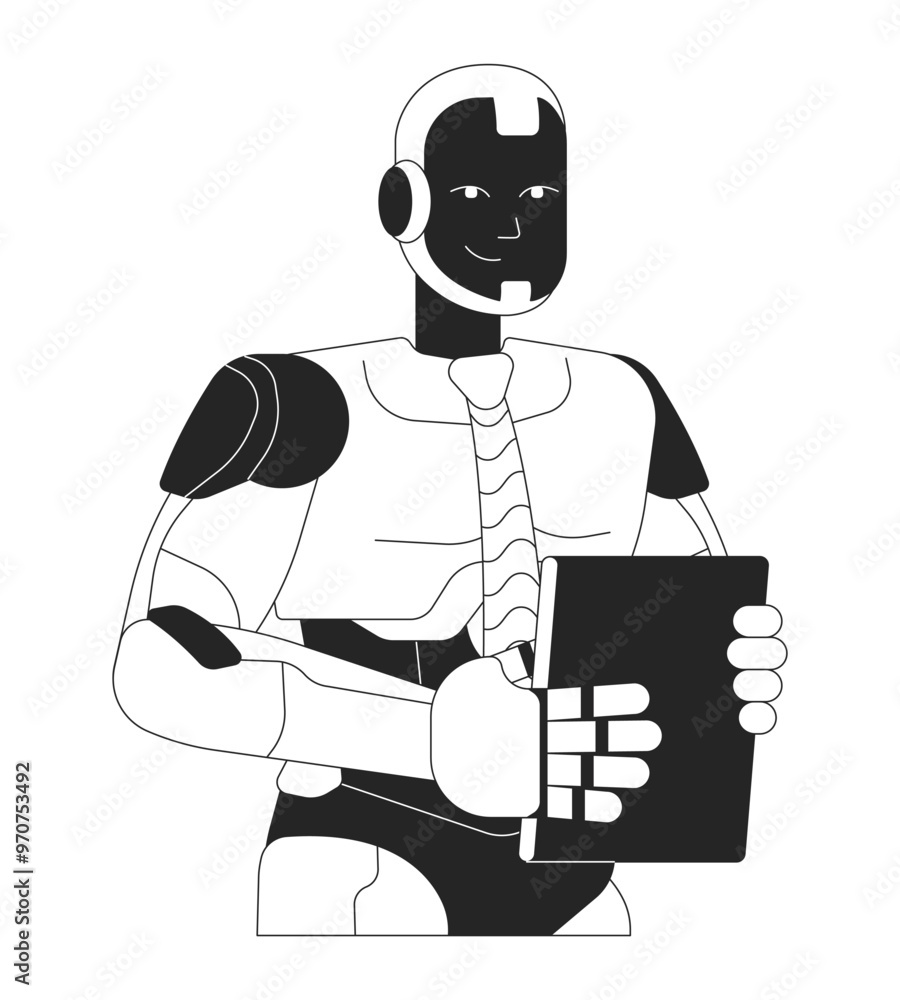 Smiling robot tie holding tablet black and white 2D line character ...