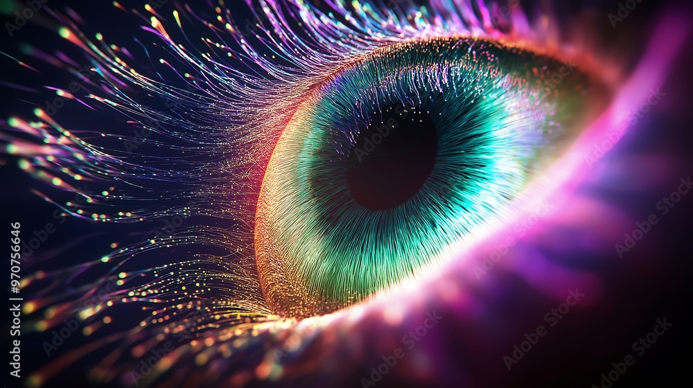 Human multicolored iris of the eye animation concept. Rainbow lines ...