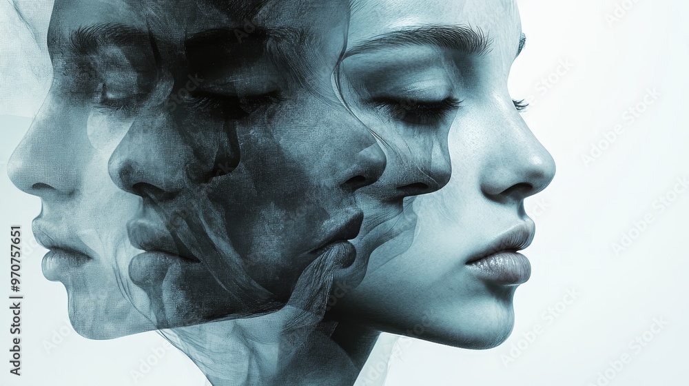 Overlapping multiple portraits and faces interweave together to form a ...