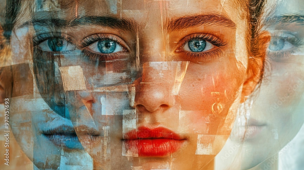 Overlapping multiple portraits and faces interweave together to form a ...