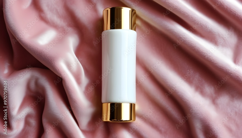 Elegant white makeup tube with gold cap on soft pink velvet, embodying ...