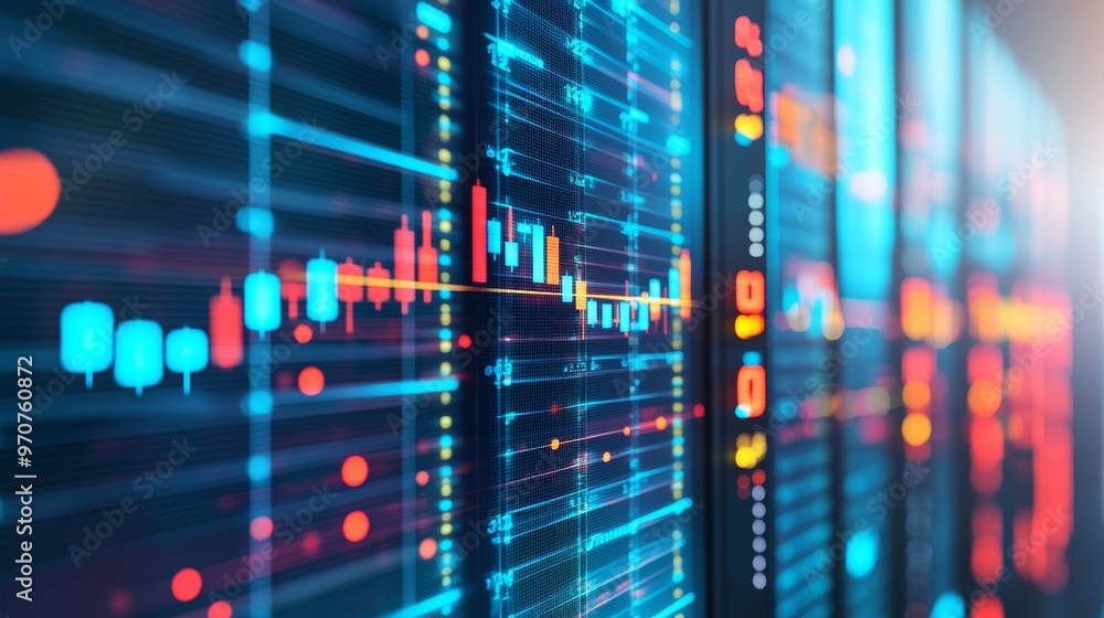 Image of graphs changing numbers loading circles and bars over server room. Digital composite ...