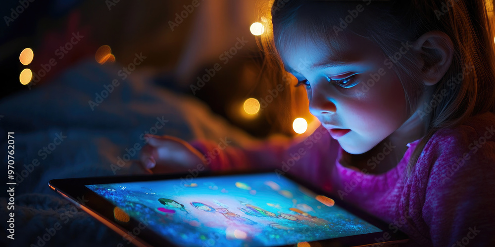 Young kid is enjoying an engaging mobile game on a tablet, featuring ...