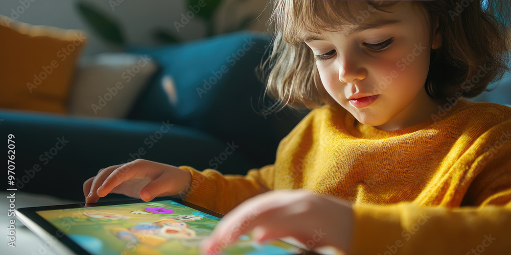 Young kid is enjoying an engaging mobile game on a tablet, featuring ...