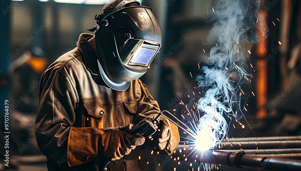 Focused welder crafting metal bars in a factory, wearing safety outfit ...