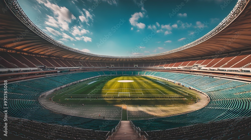Panoramic view of a grand and majestic football stadium with an empty ...