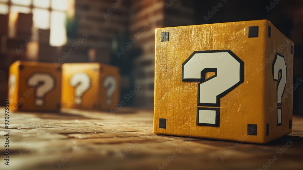 Indoor still-life photo of a yellow box with a big white question mark ...