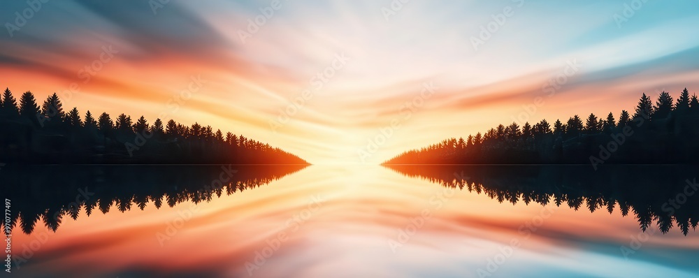 Serene lake reflecting a distorted sky, with glitch artifacts breaking ...