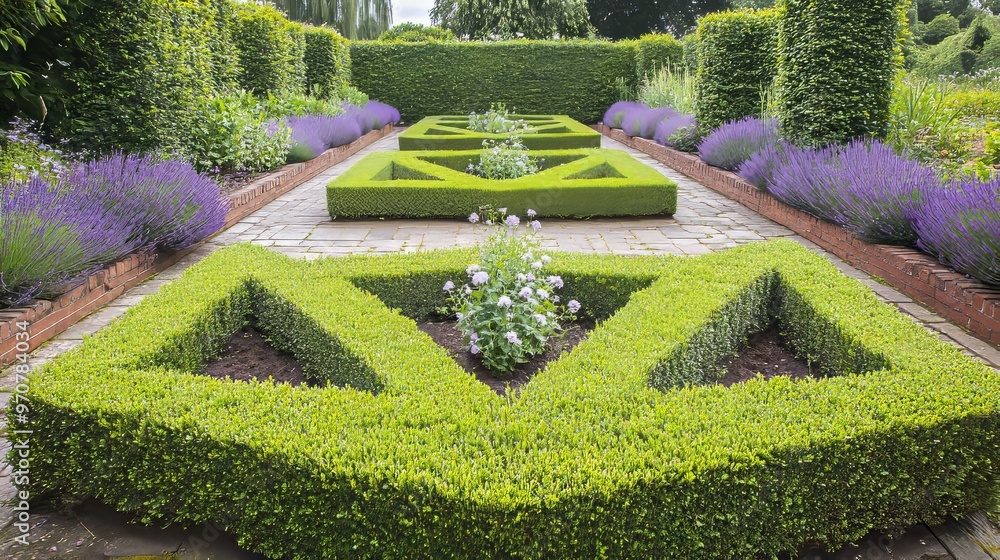 Geometric diamond shaped hedge designs within a walled red brick garden ...
