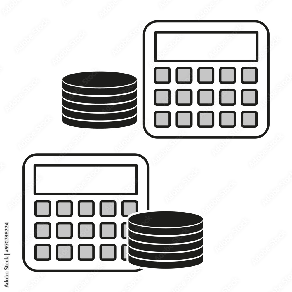 Calculator and coins icon. Financial calculation symbol. Money ...