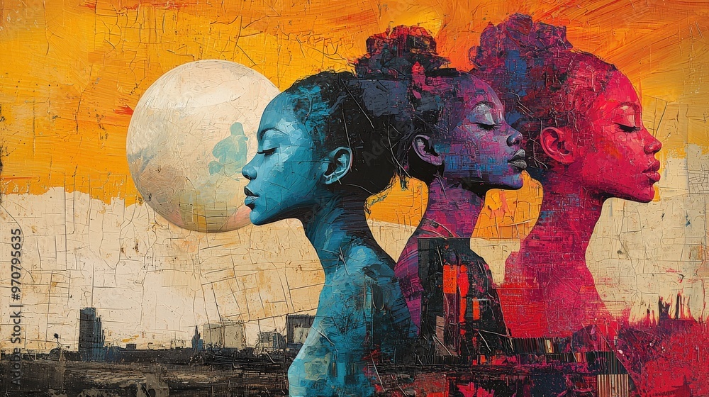 Surrealist analog collage of multicultural figures, intertwined with ...