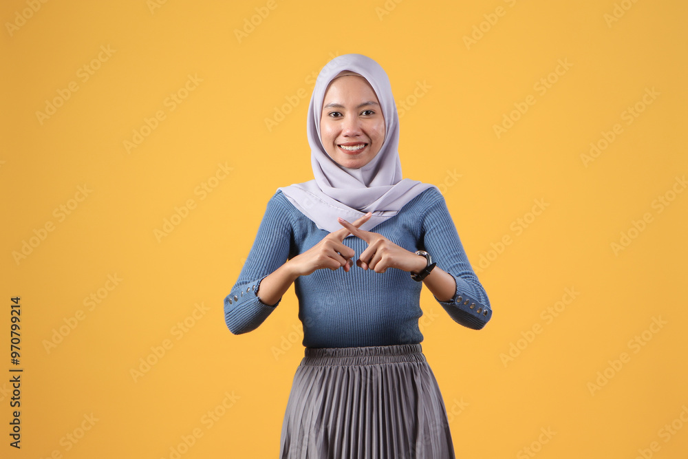 asian indonesian muslim woman showing X sign no hand gesture on ...