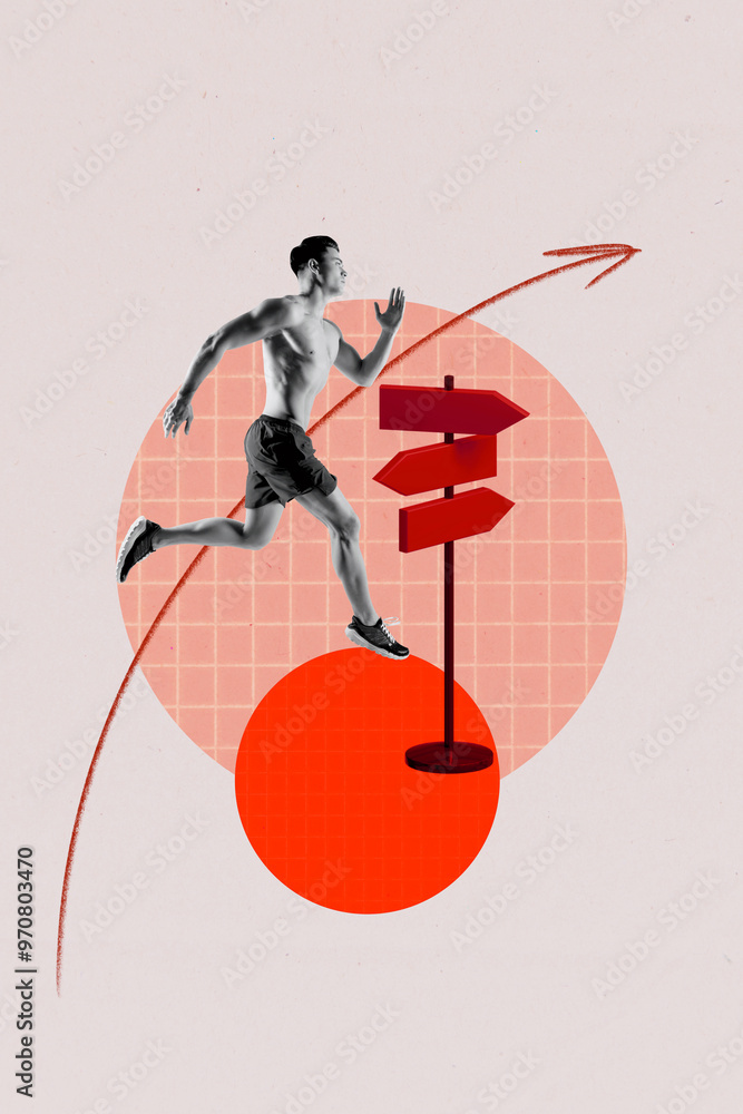 Vertical photo collage of serious man run jogging road sign way turn ...