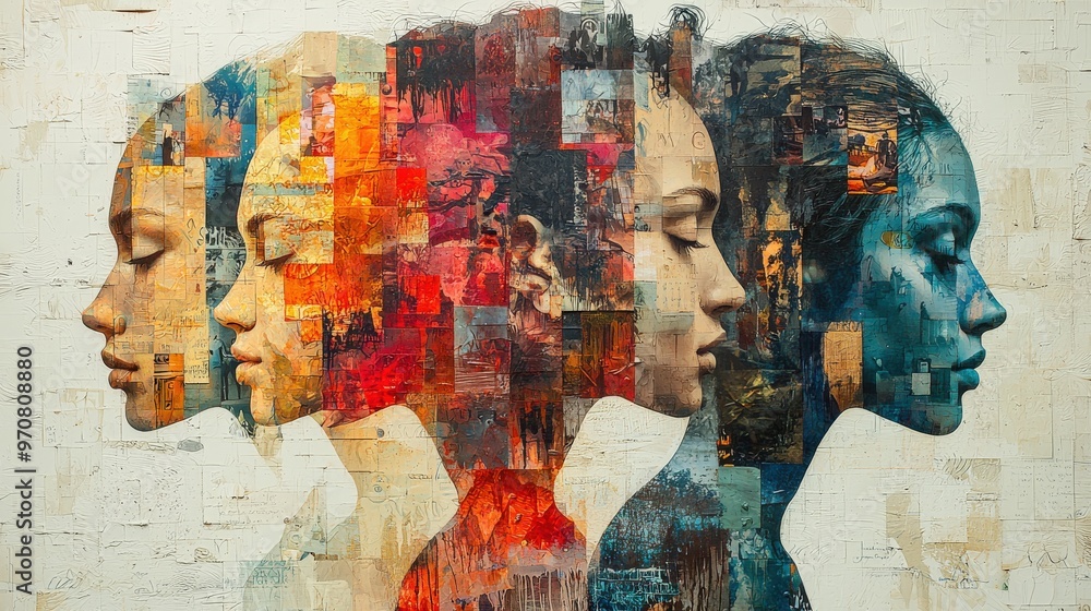 Surrealist analog collage of multicultural figures, showcasing a wide ...