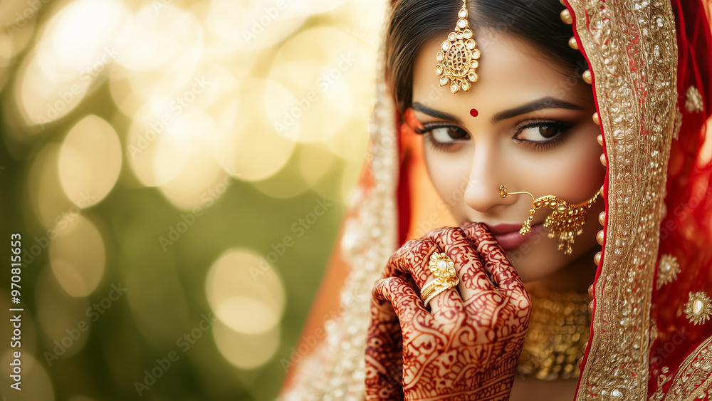 Traditional Indian bride in a red sari, adorned with intricate gold ...