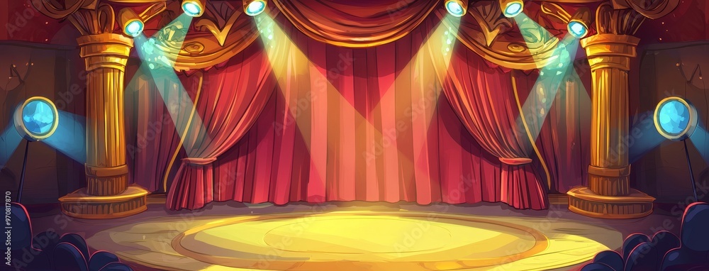 Theater stage with red curtains. Cartoon illustration of an empty ...