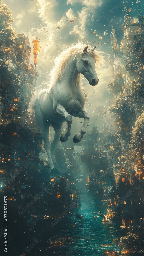 Surreal vision, a horse in a dreamlike scene with floating elements ...