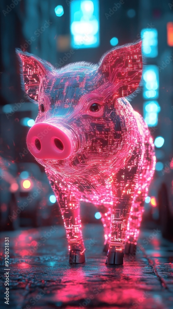 Digital art style, a futuristic pig with glowing circuits and sleek design, highlighted in a ...