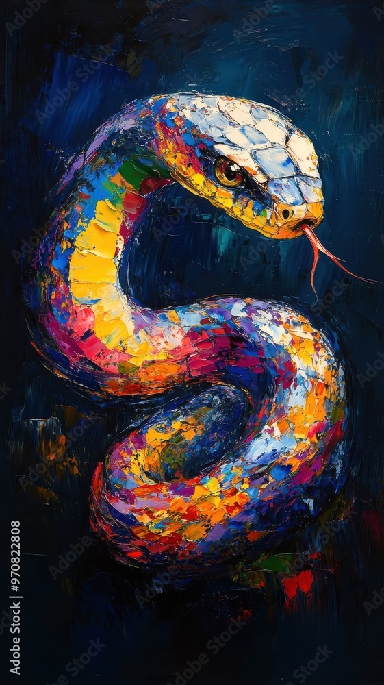 Oil painting style, a snake depicted with rich, fluid brushstrokes ...