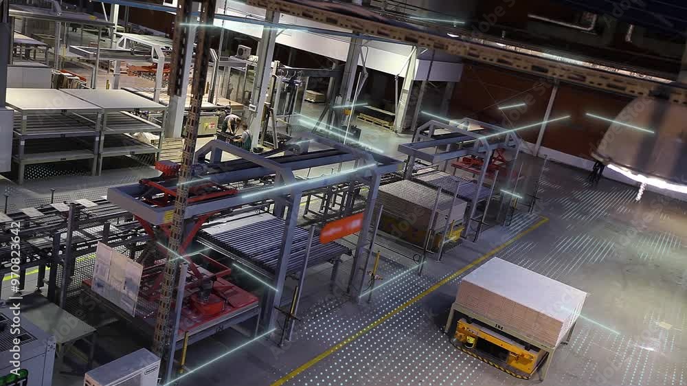 Visualization of futuristic technologies in an automated factory. Automated factory with self ...