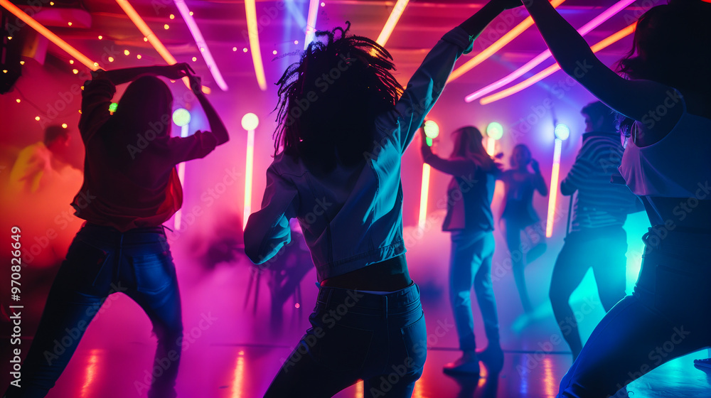 Silhouette image of people in ultraviolet light dance in disco night ...