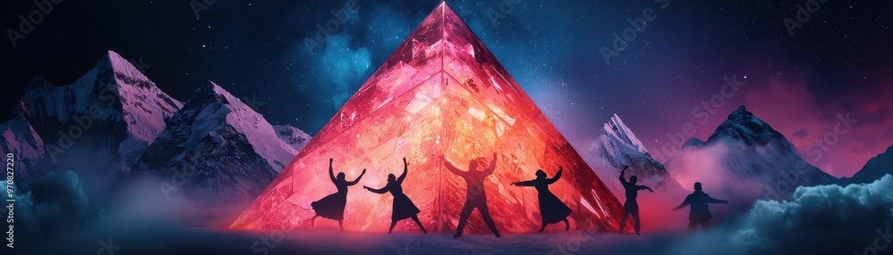 Playful figures dancing around a giant glowing crystal pyramid ...