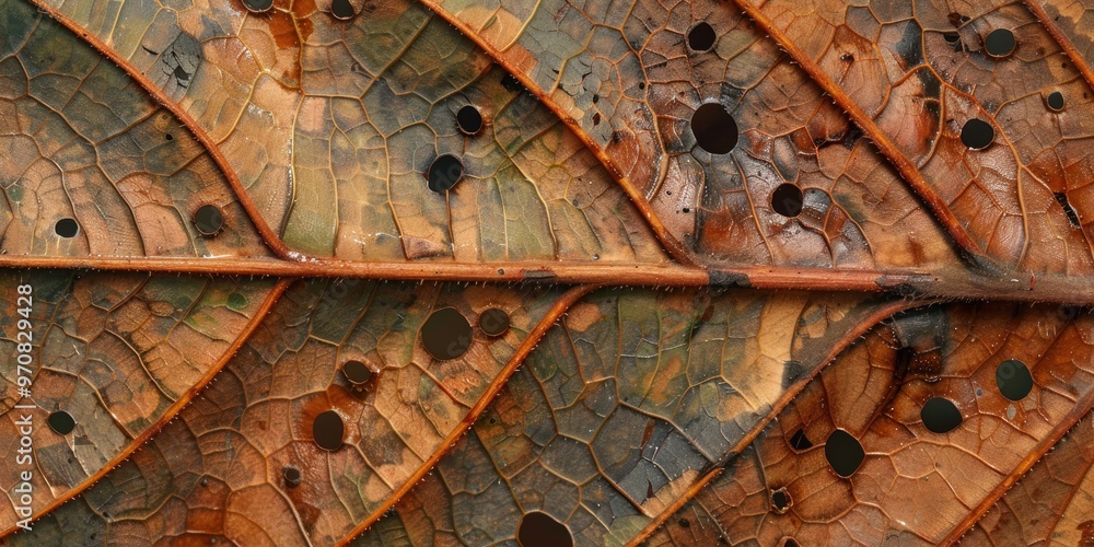 Holes scattered across a teak tree leaf revealing damage from moths ...
