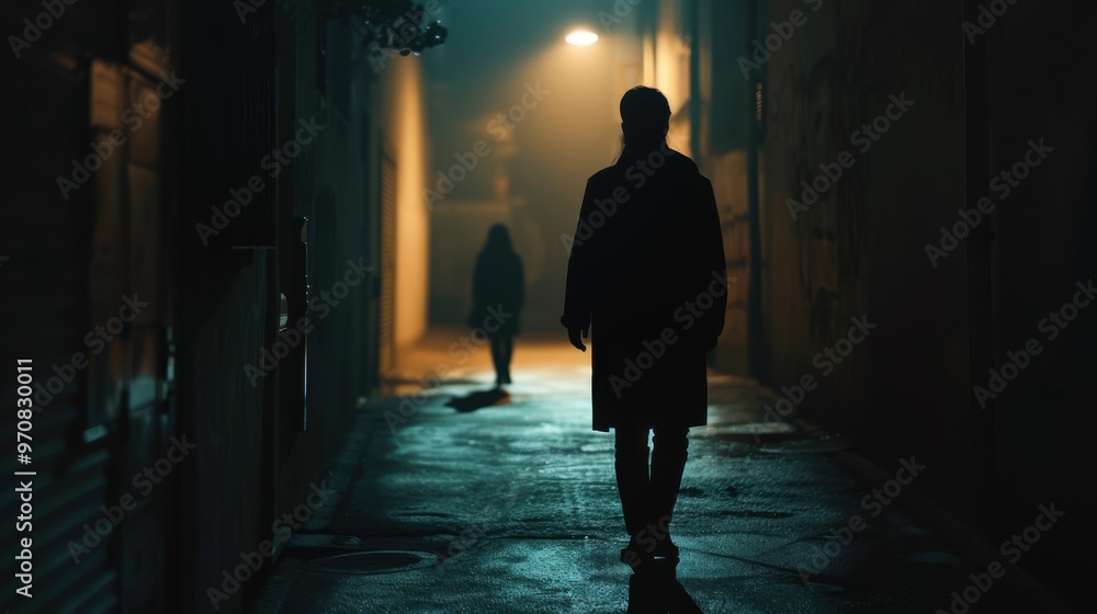 Back view of man following woman in dark street at night. Concept for ...