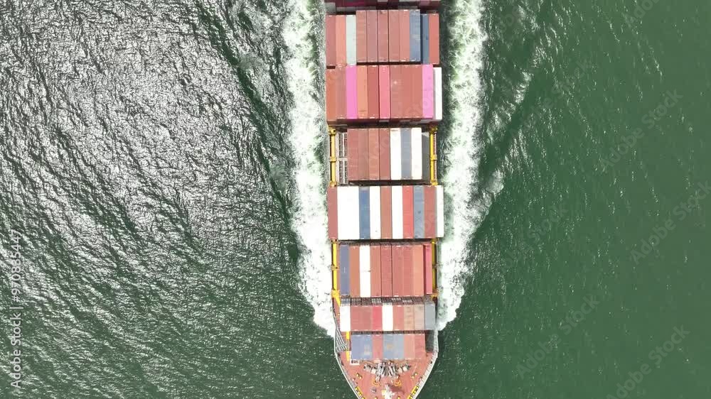 Large container ship at sea. Top down view. Aerial top view of cargo ...
