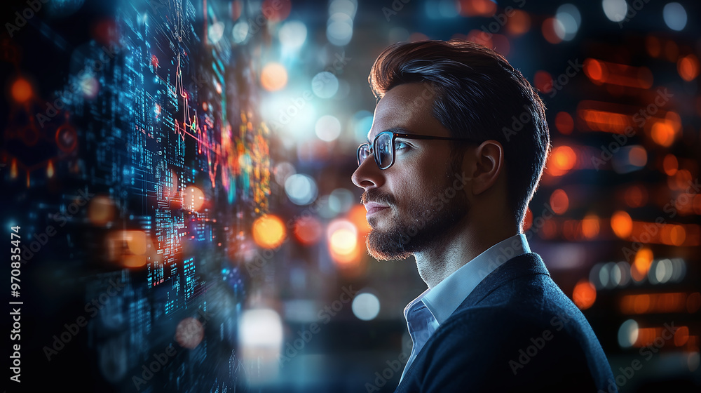 A businessman collaborates with artificial intelligence algorithms to ...