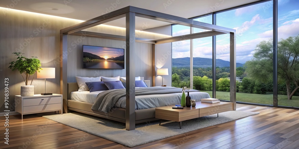 Elevated bed with a sleek, integrated TV screen frame for an immersive ...