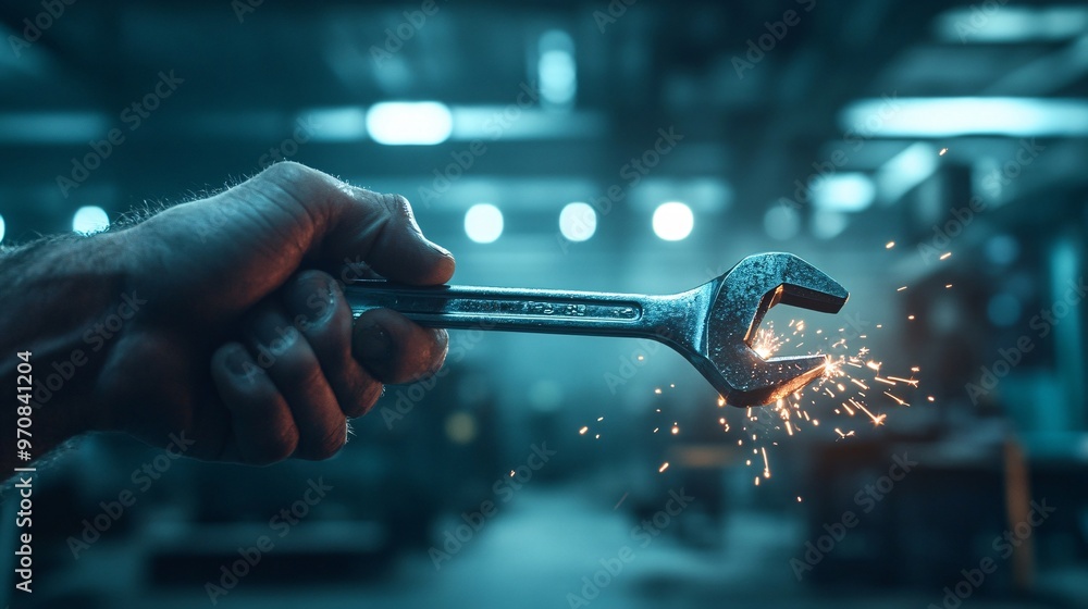 manufacturing plant worker with broken tool hand clutching a wrench ...