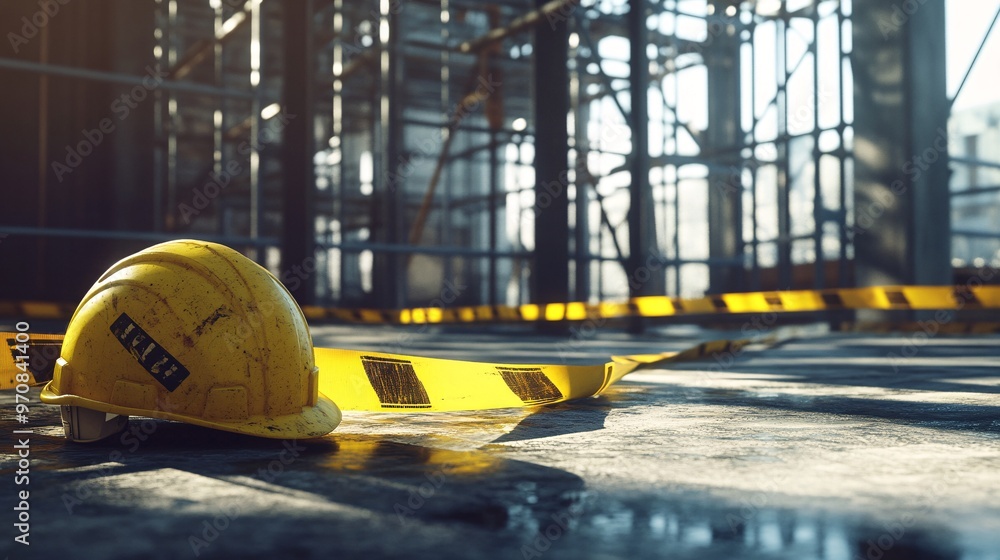 construction site filled with hazards worker's safety helmet knocked ...