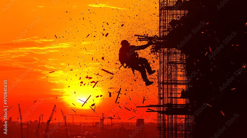 construction worker caught in a scaffolding collapse mid-fall ...