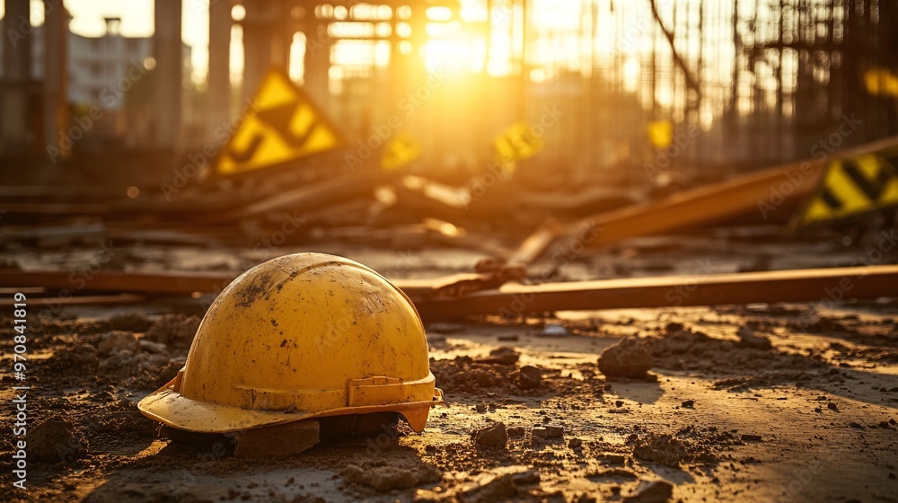 construction accident where a hard hat lies on the ground worker ...