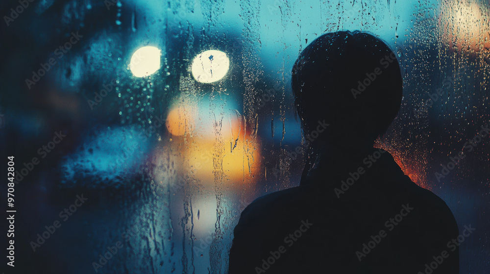 A person stands in silhouette, gazing out through rain soaked window ...
